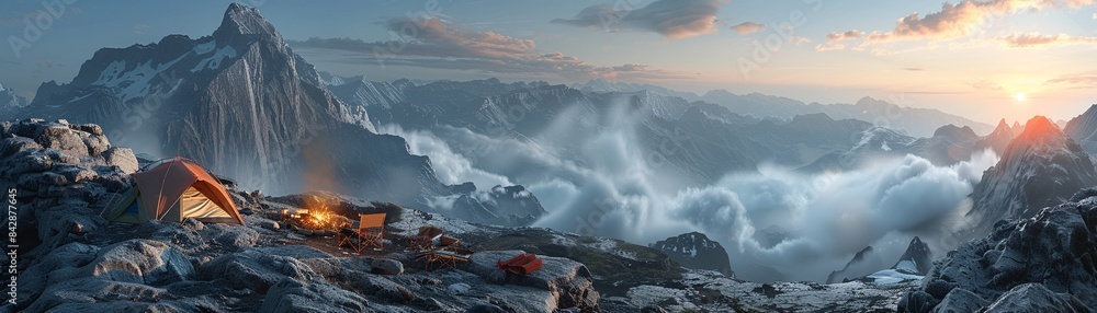 Scenic campsite on a rocky mountain summit with a campfire and cooking ...
