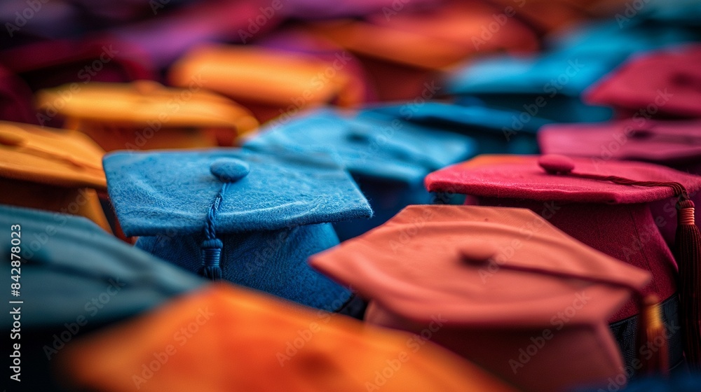 Assorted vibrant graduation caps displayed in rows, capturing the ...