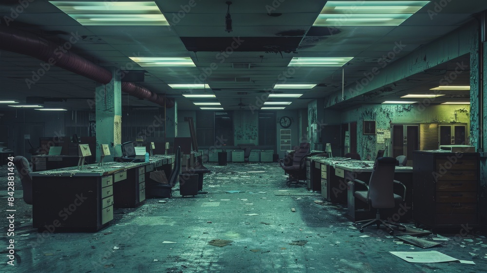 Abandoned office interior with old furniture, damaged ceiling, and ...