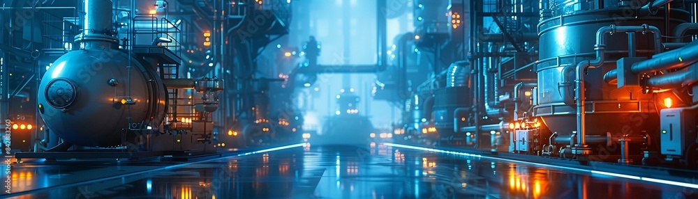 Neonlit industrial lab with advanced reactors and machinery, immersed ...