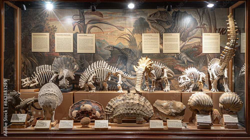 Museum exhibit Case with of different sizes and types fossil displayed ...