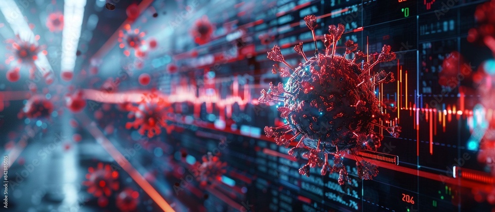 Virus imagery overlaid with stock market trends and data, depicting the ...