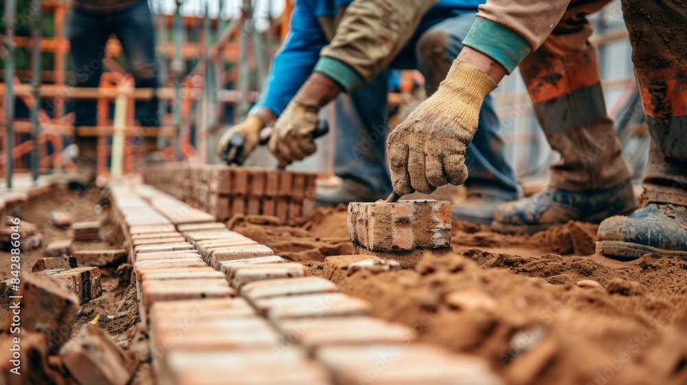 Skilled laborers work together to lay bricks for the exterior of a ...