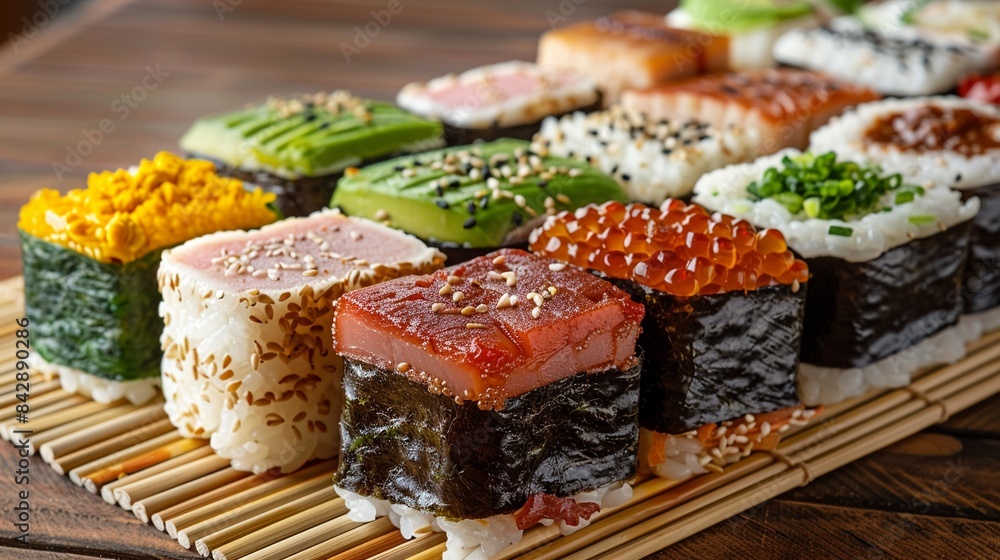 A vibrant display of assorted Spam musubi variations on a bamboo mat ...