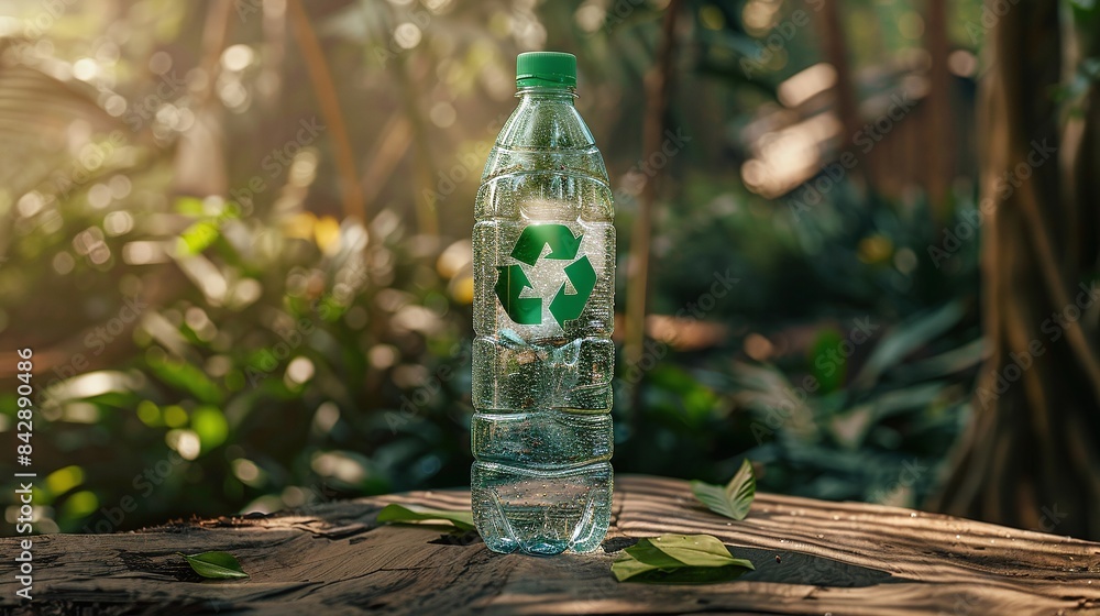 Green recycling symbol on plastic bottle signifies PET packaging for ...