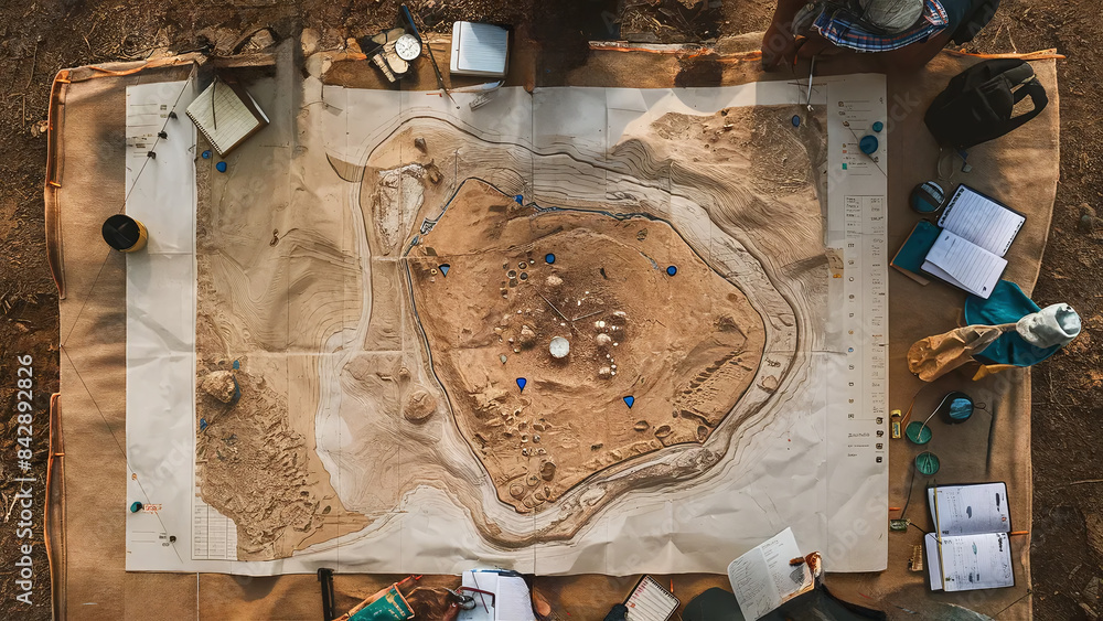 archeologist's field mapping ttation in outdoor site with various ...