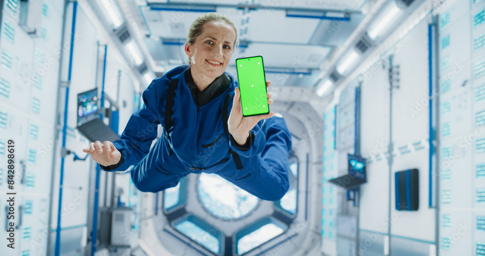 Female Astronaut Floating Inside Space Station in Zero Gravity ...