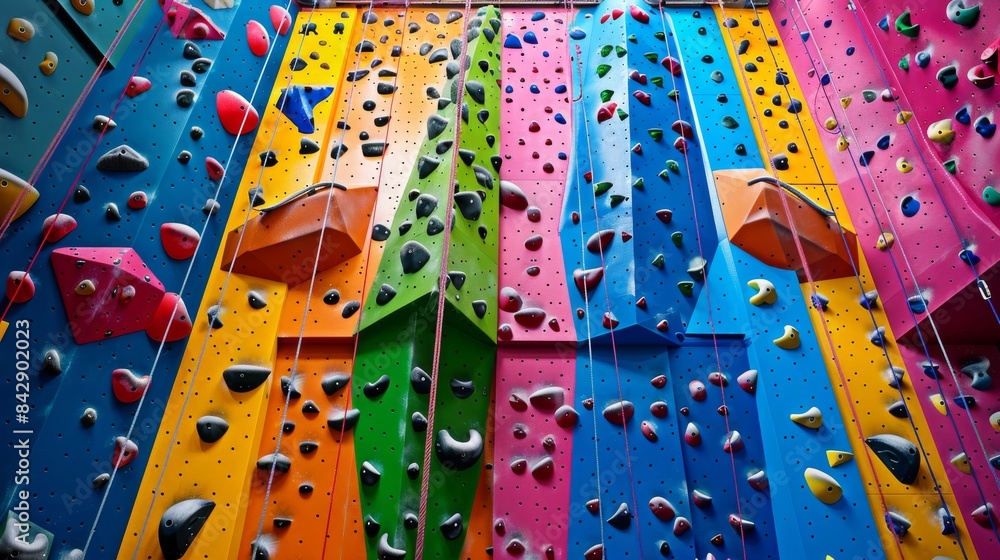 Colorful indoor climbing wall with an array of grips and routes ...