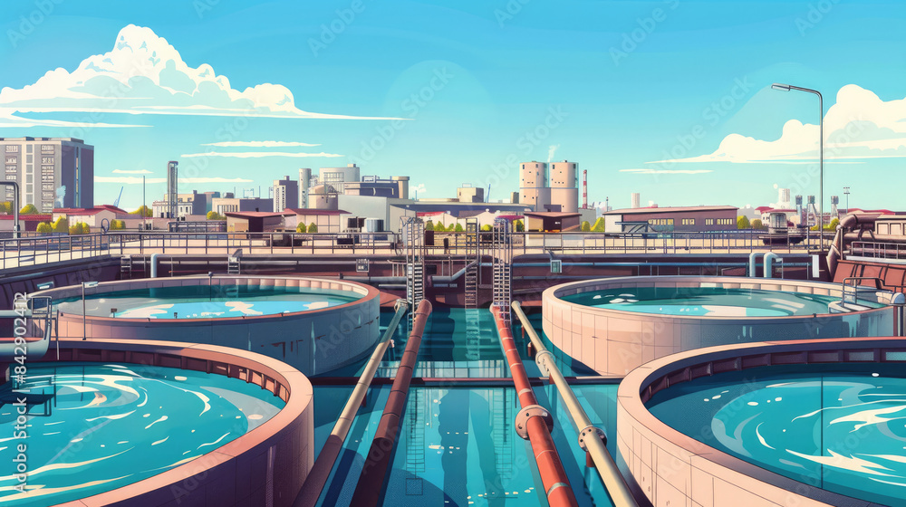 Infrastructure of a Water Treatment Plant with Circular Tanks and Pipes ...