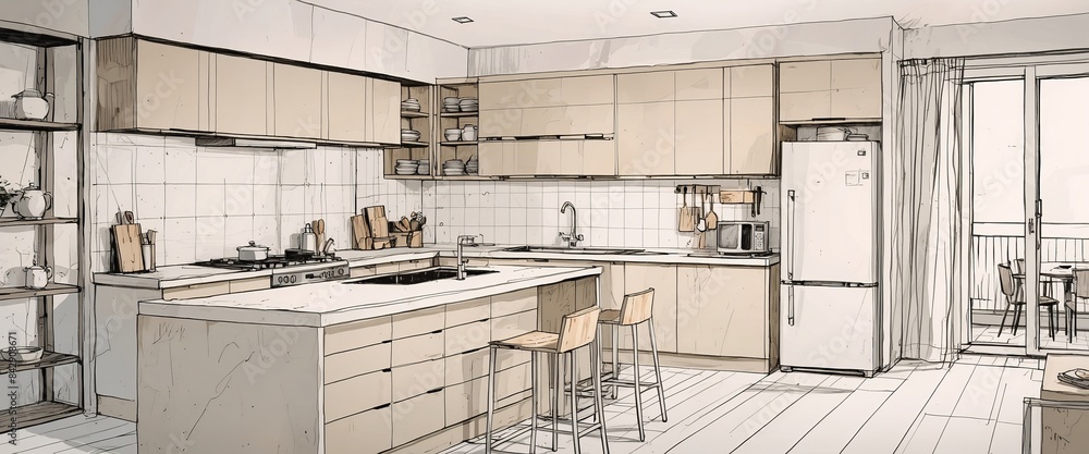 Drawing renovation of a Open modern kitchen. Anime style Stock ...
