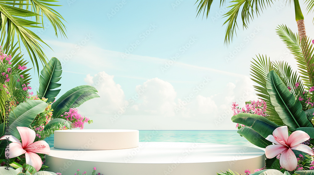 Tropical beach scene with lush green leaves, pink flowers, and a white ...