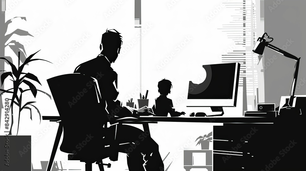 dad at work flat design side view theme role model cartoon drawing ...