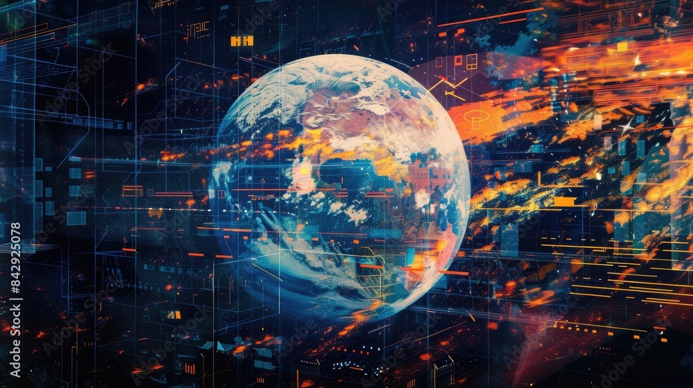 The image shows the Earth surrounded by a colorful digital landscape ...