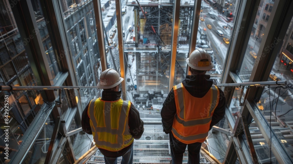 Ascending in the elevators construction workers admire the breathtaking ...