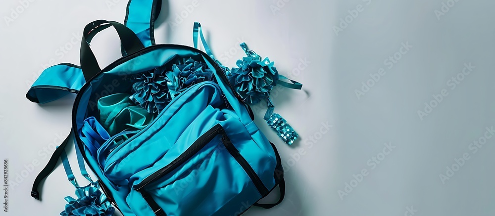 Porcelain white background, teal blue backpack filled with competitive ...