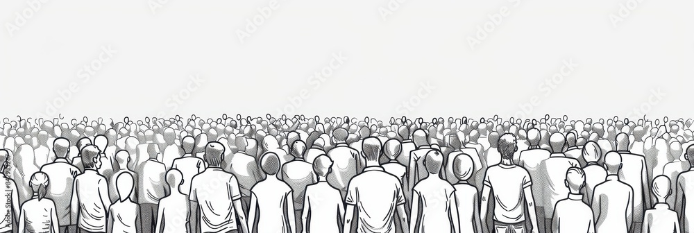 line art drawing of a crowd on a white background with black lines and ...