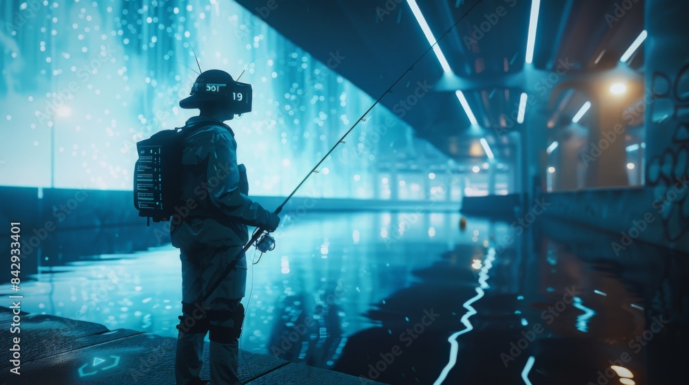 A modern angler using a high-tech fishing rod with digital displays and ...