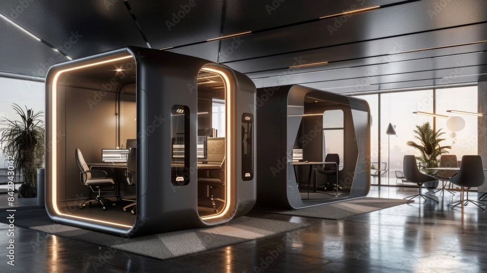 Modern office with biometric security and private work pods, designed ...