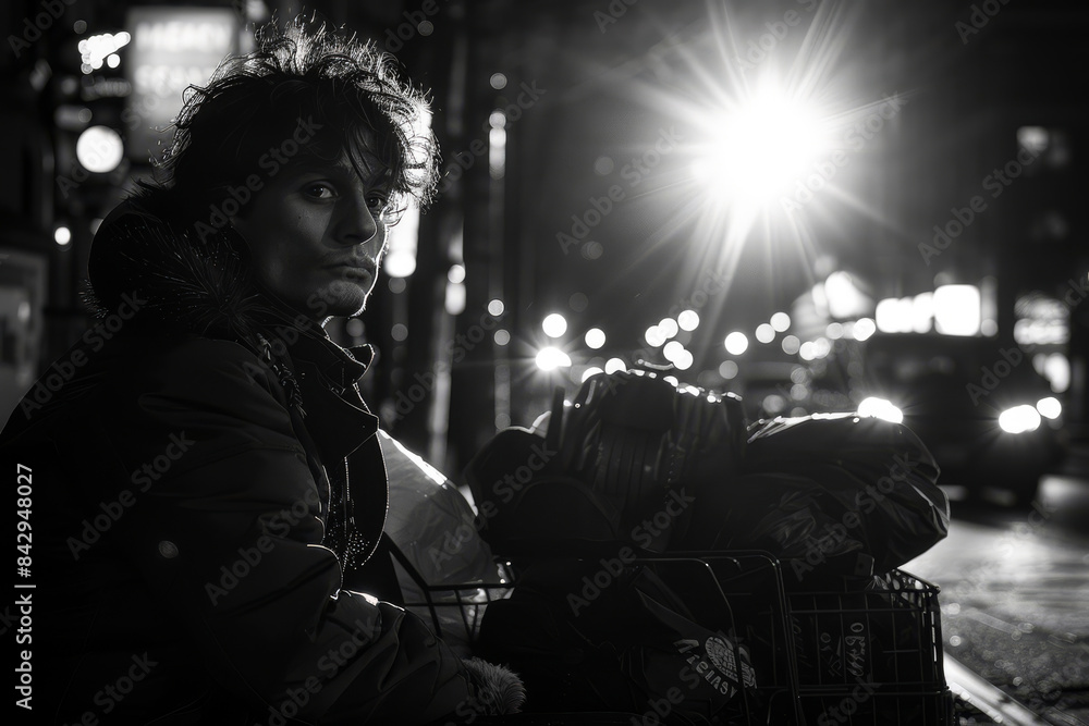 Homeless man sitting on a city street at night, illuminated by a ...