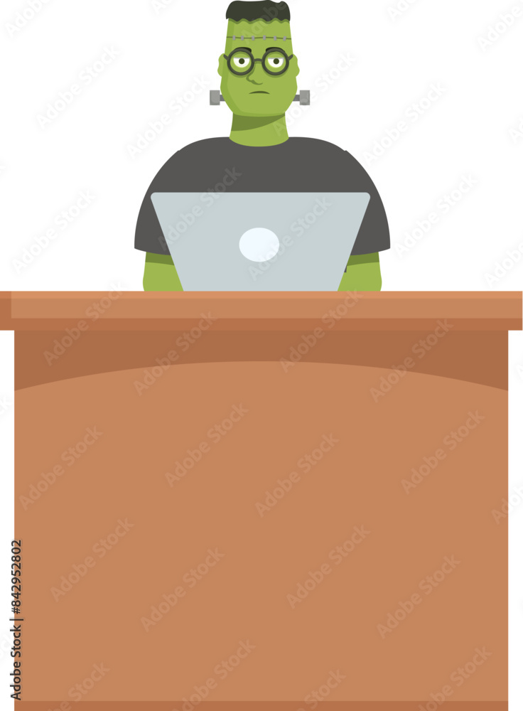 Frankenstein's monster is using a laptop computer at a desk while ...