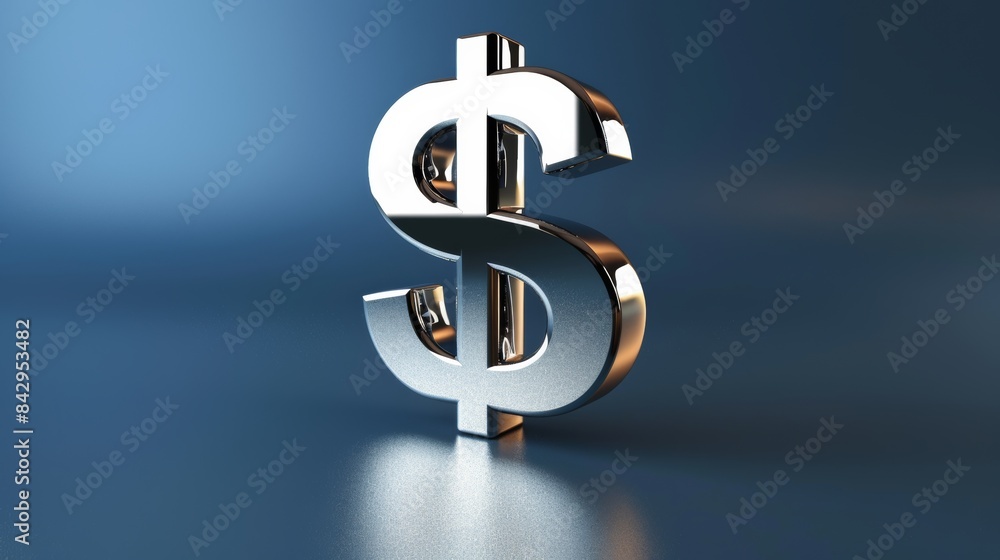 Chrome dollar sign standing on a reflective surface with a blue ...