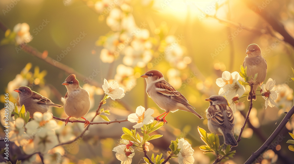 Flock of birds are singing happily on the branches of a tree with ...