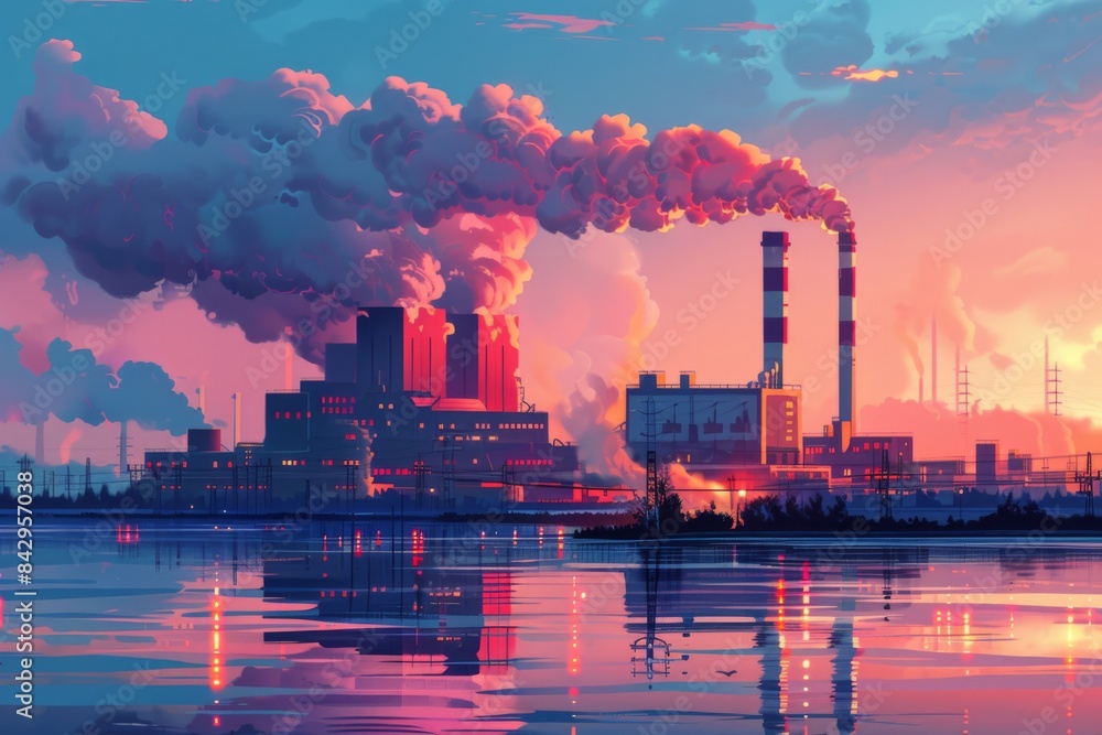 Factory with smokestacks emitting smoke at sunset reflecting in water ...