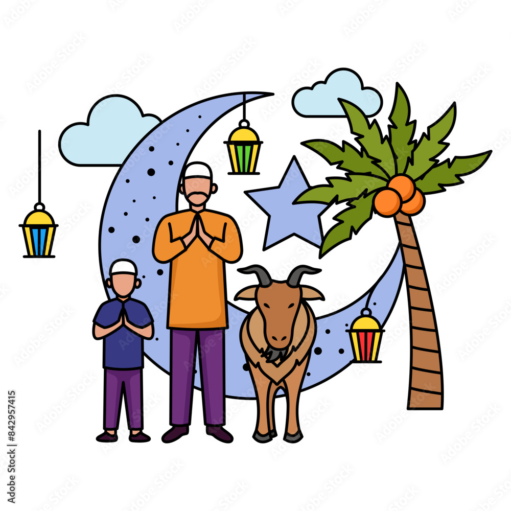 Man with Kids offering Prayer concept, Goat with family vector Icon ...