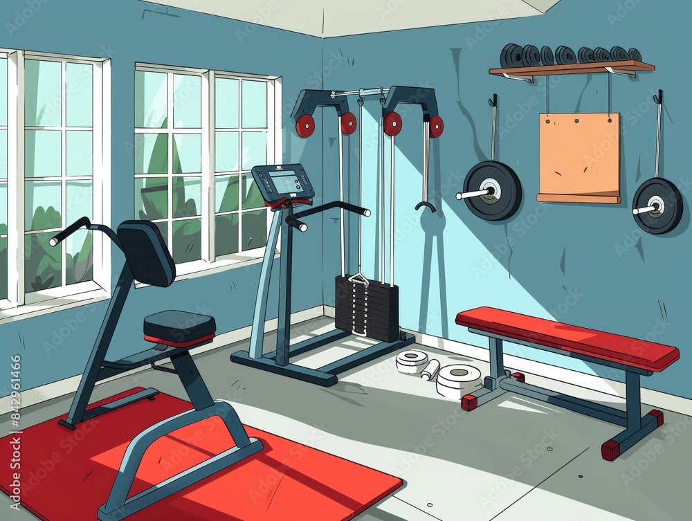Home gym setup flat design side view exercise room cartoon drawing ...