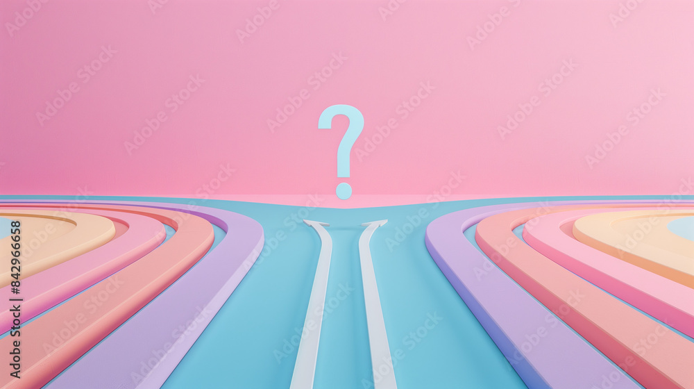 A pastel pink background with a question mark in the center, and two ...
