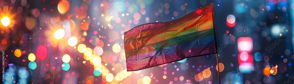 LGBTQ flag in city at night, colorful bokeh lights, vibrant and festive ...