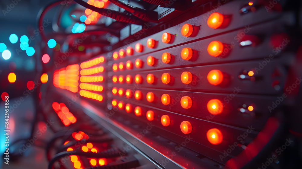 A network server's switch panel, where multiple fiber optic cables with ...