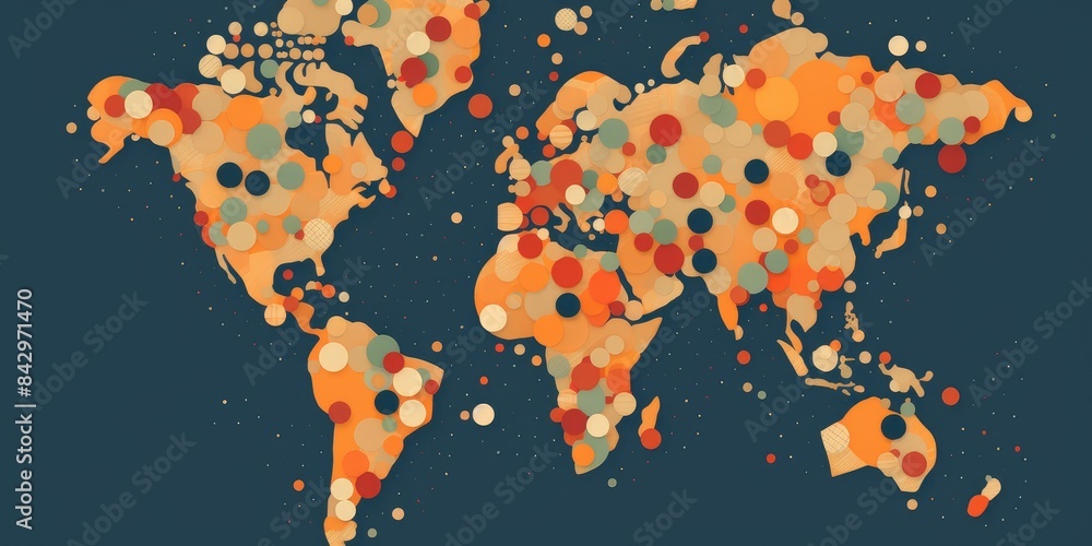 Stylized world map composed of multicolored circles on a white ...