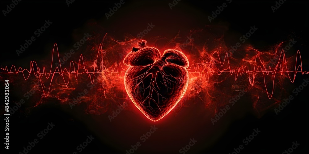 Abstract red pulse line in the shape of a human heart on black ...