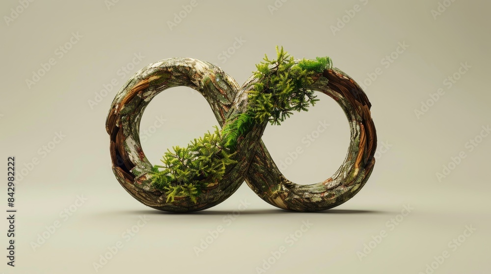 Infinity symbol formed by two intertwined rustic wooden rings with ...
