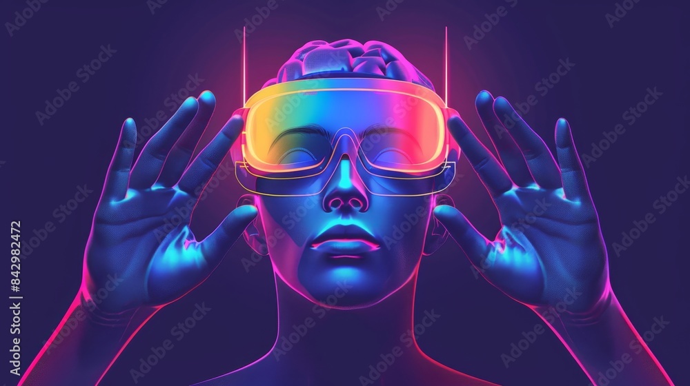 Stylized, neon-lit human head and shoulders with a brain-like structure ...