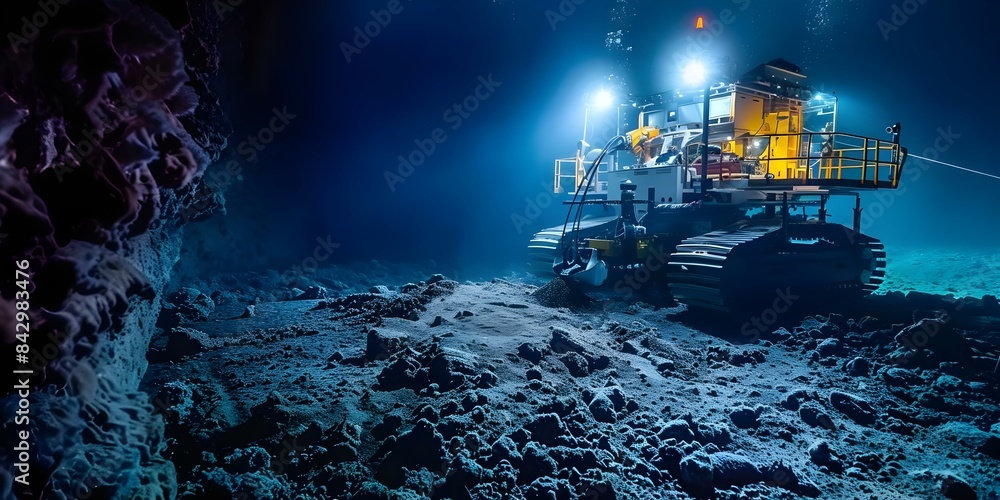 Underwater image shows ROV extracting minerals in deep sea mining ... Underwater image shows ROV extracting minerals in deep sea mining ...
