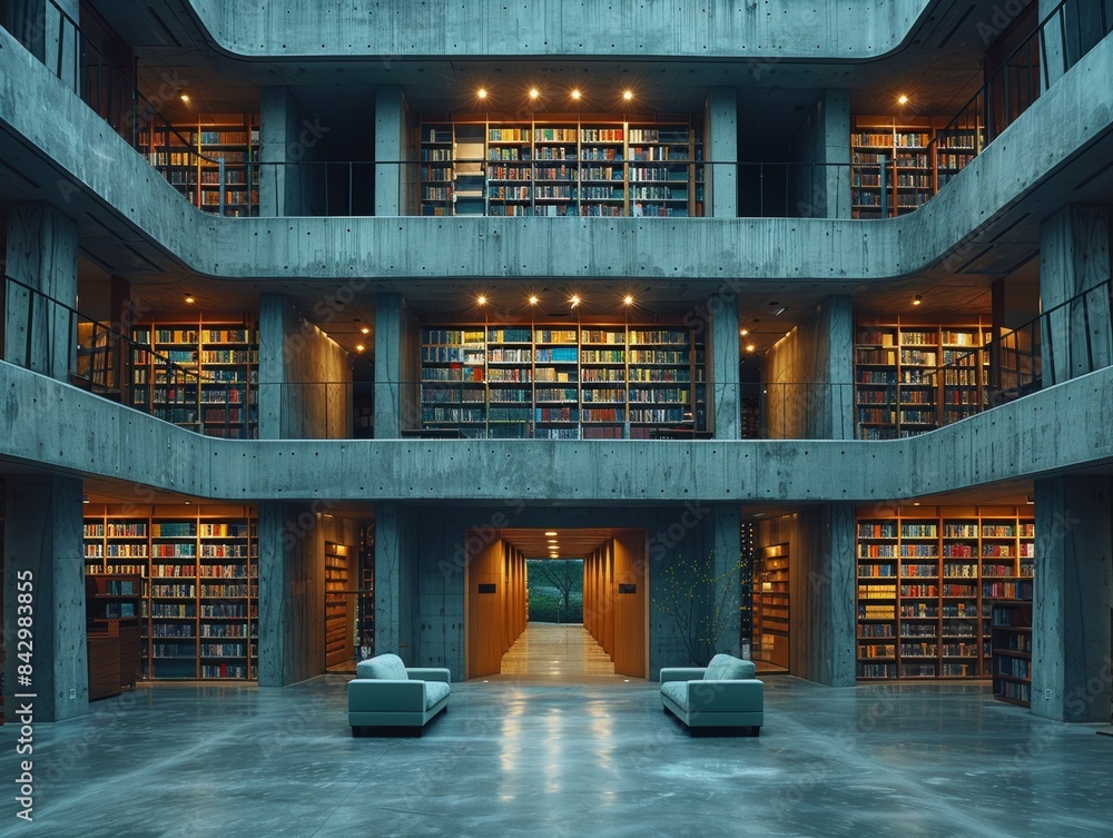Modern multilevel library interior with bookshelves, cozy seating, and ...