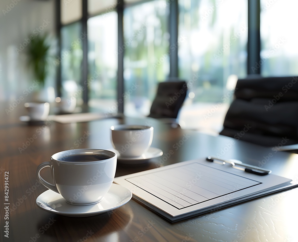 An empty table with two cups of coffee and a notepad in an office ...
