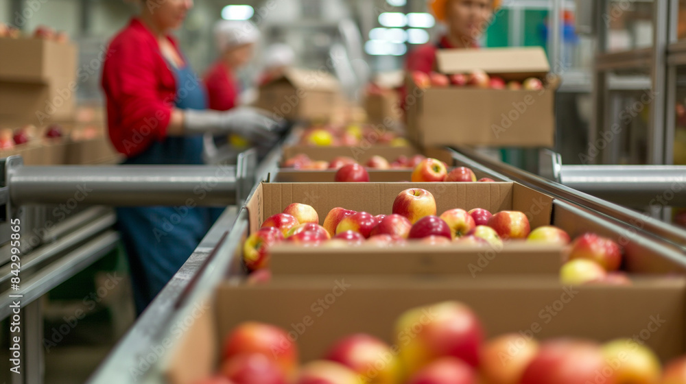 Create a high-quality, realistic photograph of staff packing apples ...
