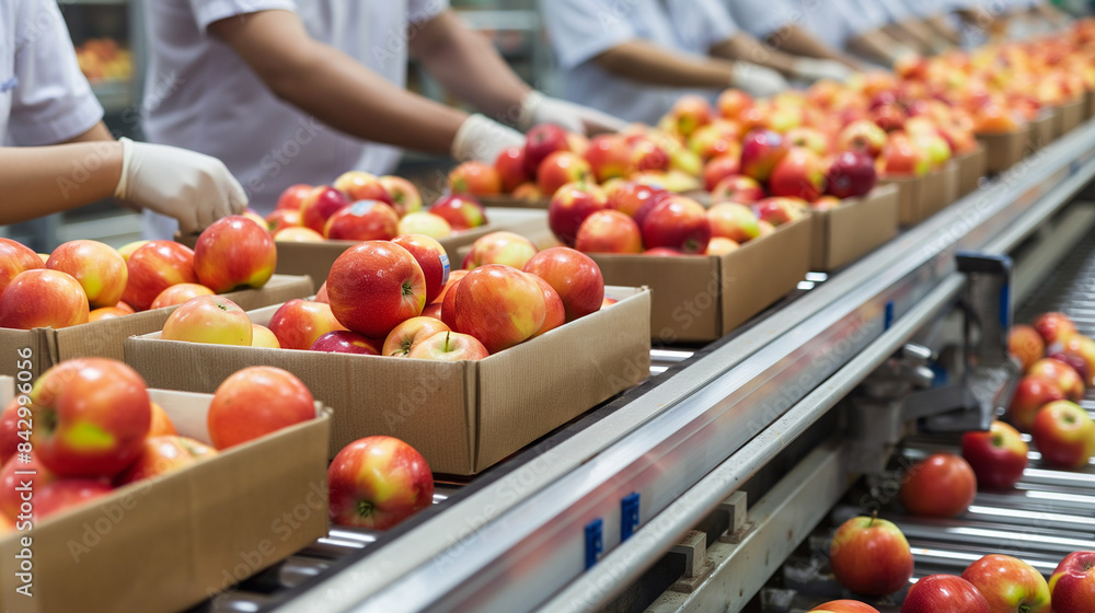 Create a high-quality, realistic photograph of staff packing apples ...