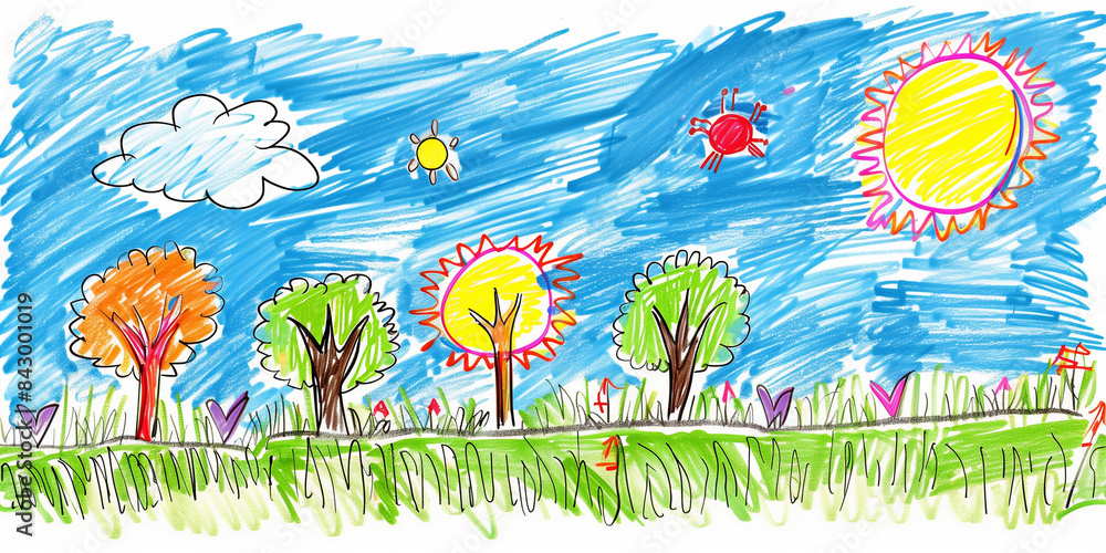 childs crayon drawing of trees, scribble marks and pencil marks visible ...