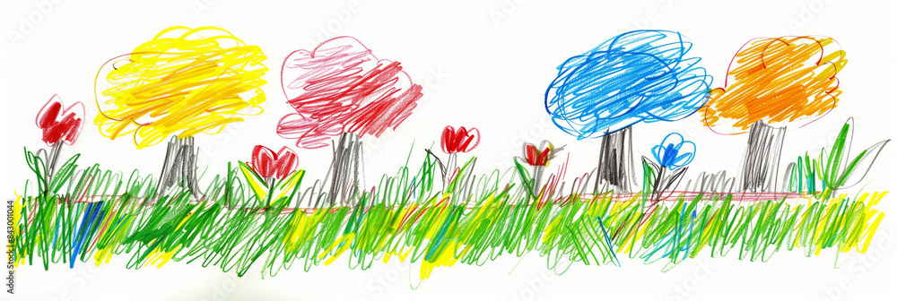 childs crayon drawing of trees, scribble marks and pencil marks visible ...