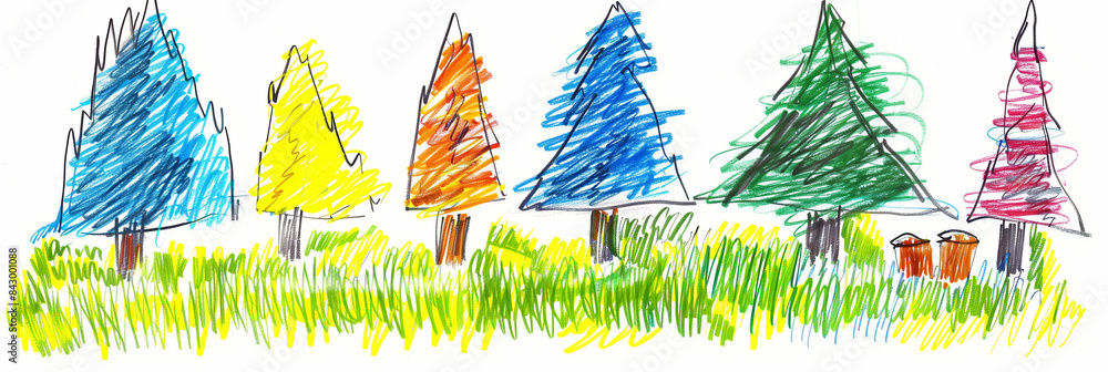 childs crayon drawing of trees, scribble marks and pencil marks visible ...