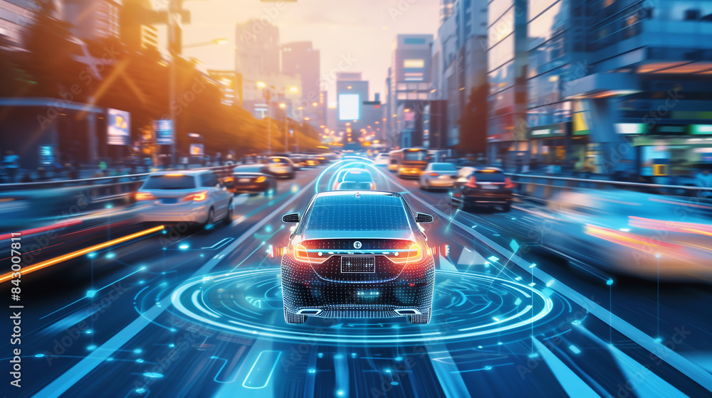 digital futuristic car driving on a city street with holograms and ...