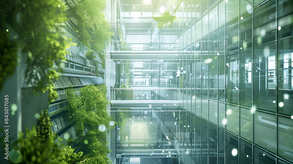 modern office building with glass walls and green plants, sustainable ...