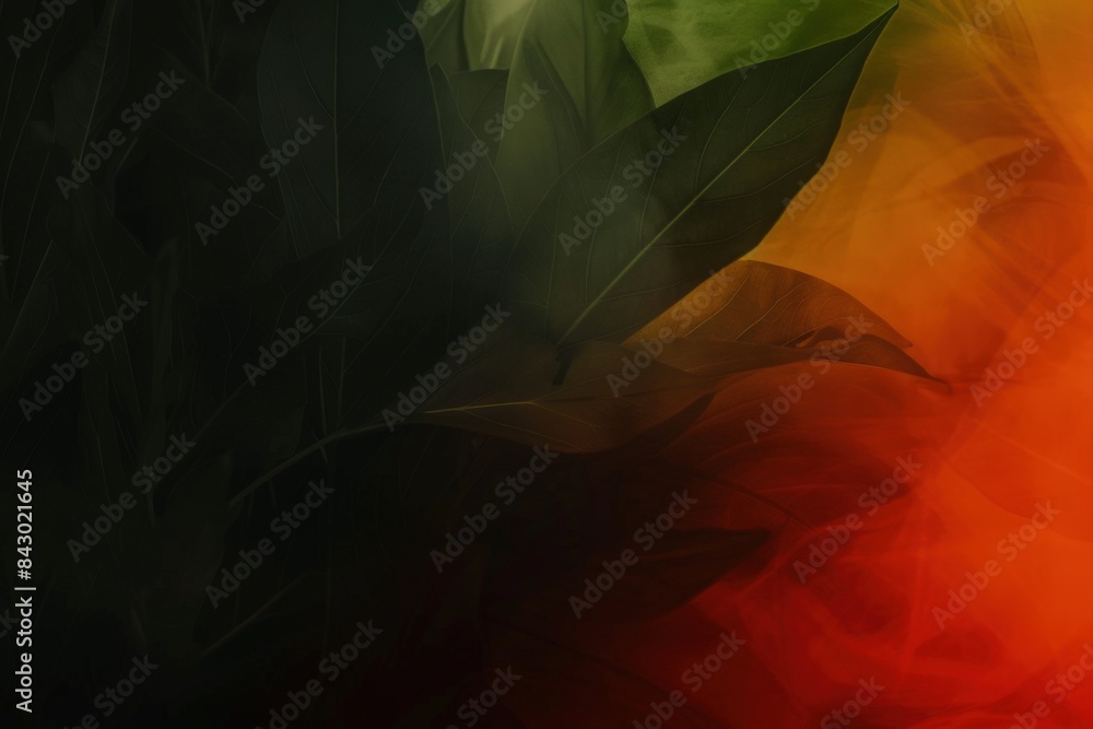 Green leaves blend into warm orange and red background, creating ...
