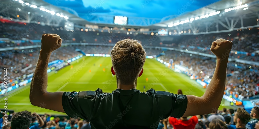 Obscured fan passionately cheering at soccer match from stadium stands ...