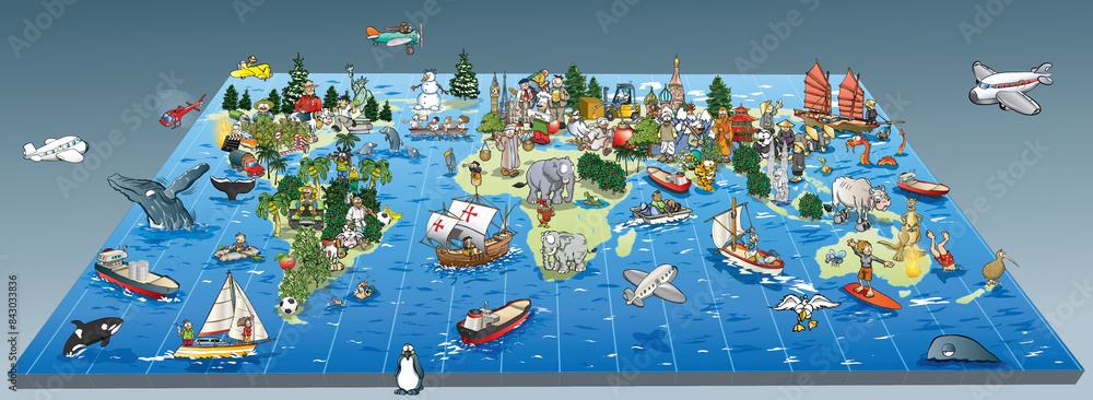 illustrated world map with cartoons Stock Illustration | Adobe Stock