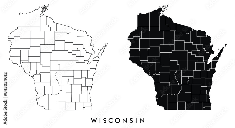 Wisconsin state map of regions districts vector black on white and ...